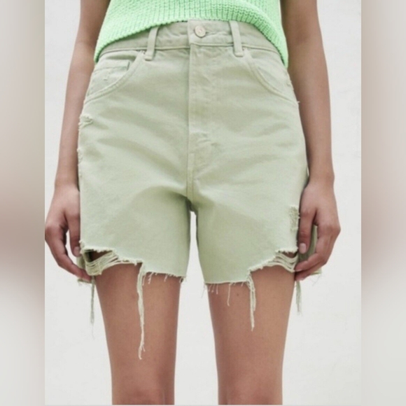 Zara | Shorts | Zara Womens High Waisted Dad Shorts Distressed Green ...